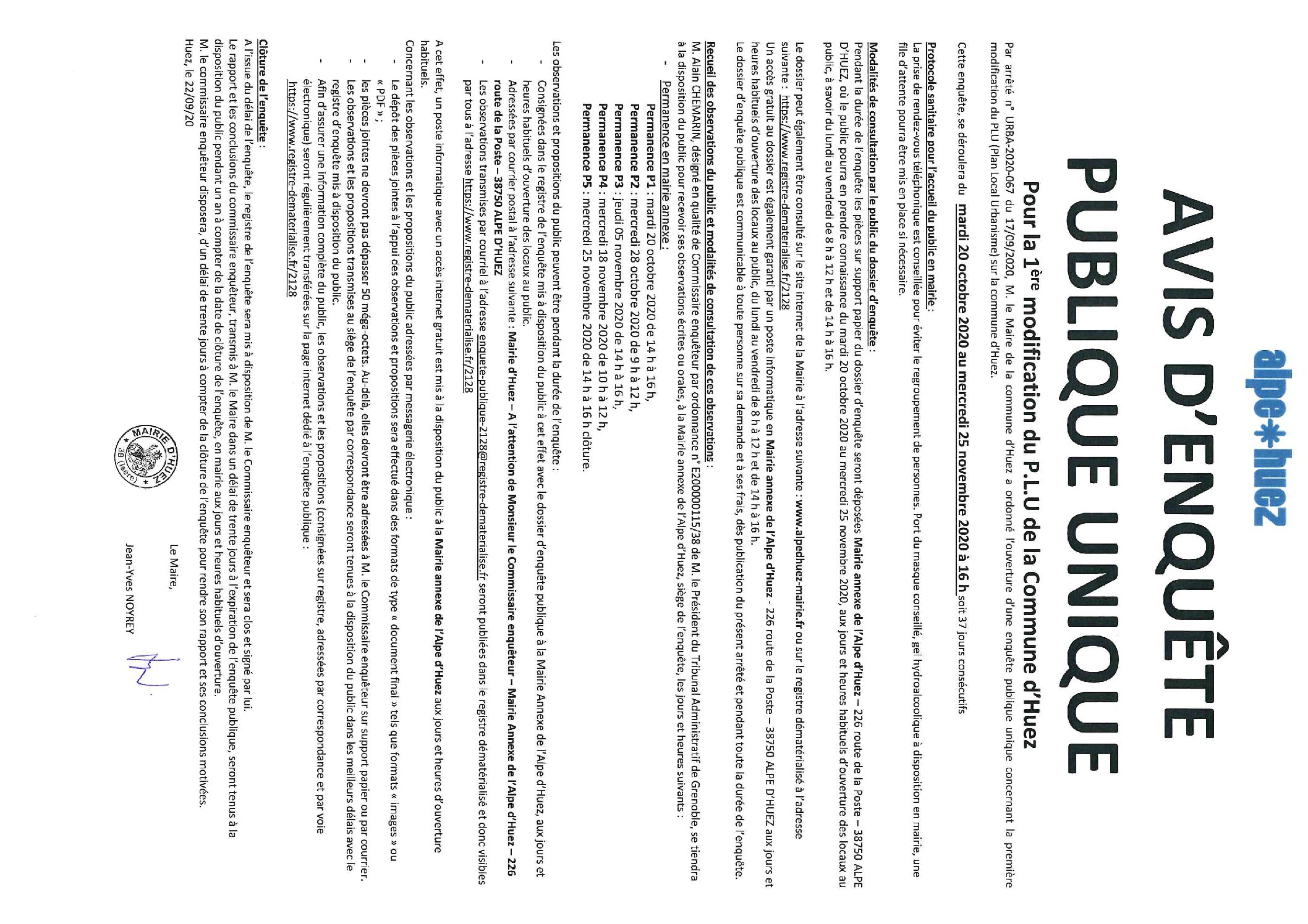 Avis enquête publique - Mairie de l'Alpe d'Huez